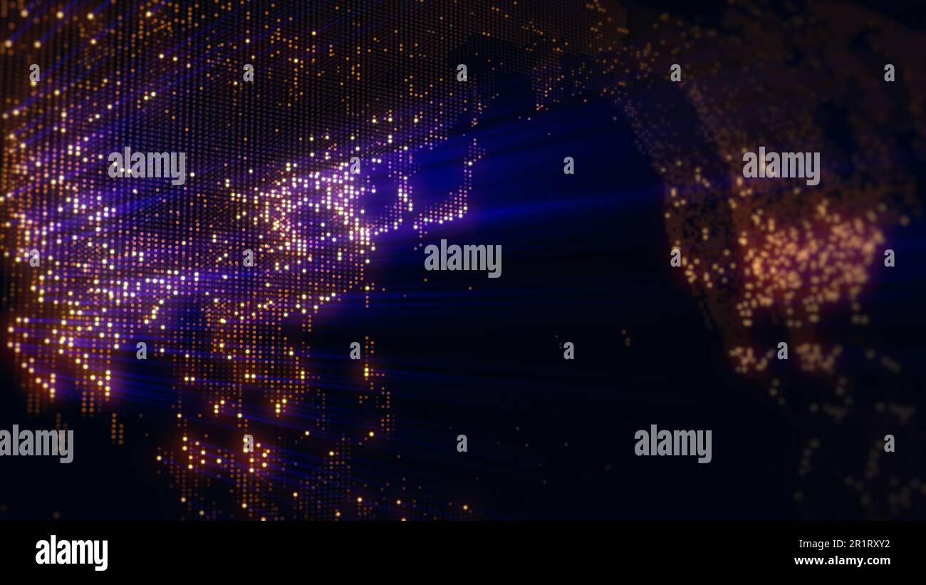 3D rendering of a digital map of the Earth. The lights of megacities ...