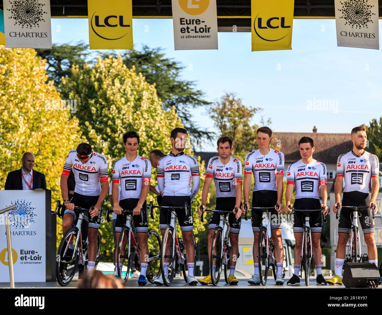 Chartres, France - October 13, 2019: Team Arkéa-Samsic is on the podium ...