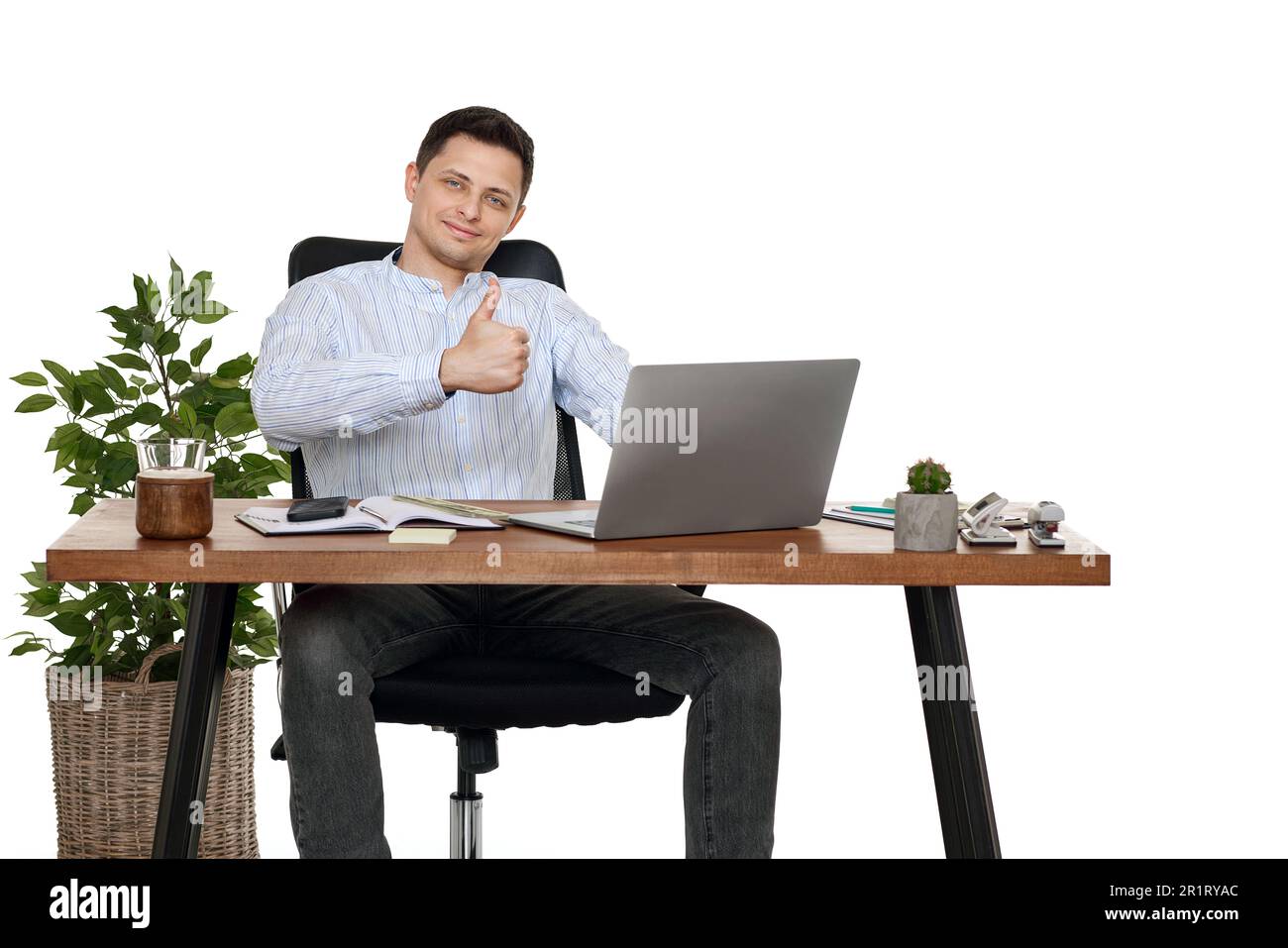 Happy guy working laptop typing Cut Out Stock Images & Pictures - Alamy