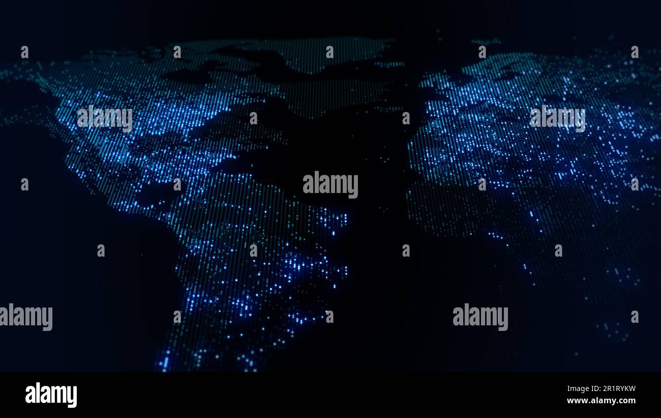 3D rendering of a digital map of the Earth. The lights of megacities ...
