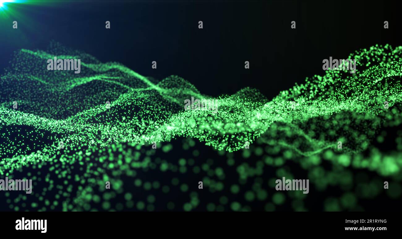 Futuristic abstract green glowing wave lines from dots and particles of ...