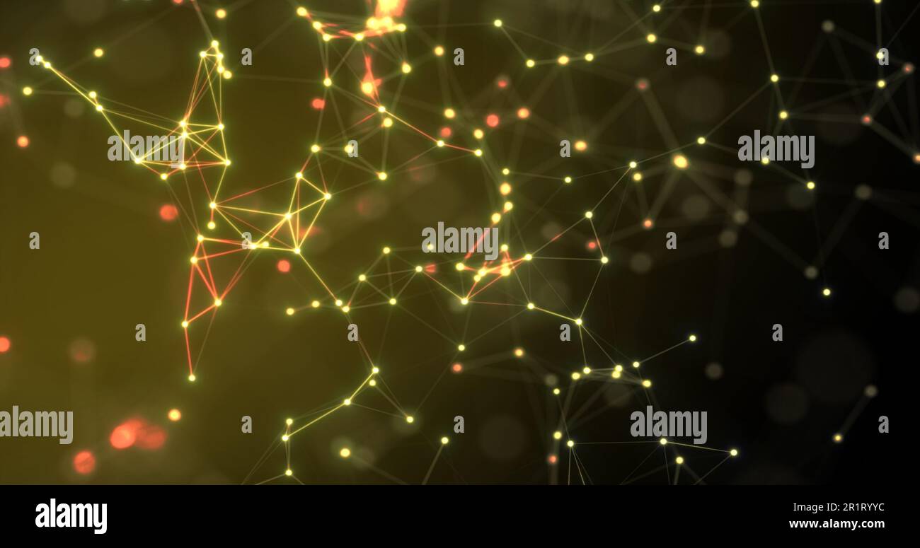 Futuristic abstract yellow orange gold glowing plexus dots with glowing magical energy lines on ...