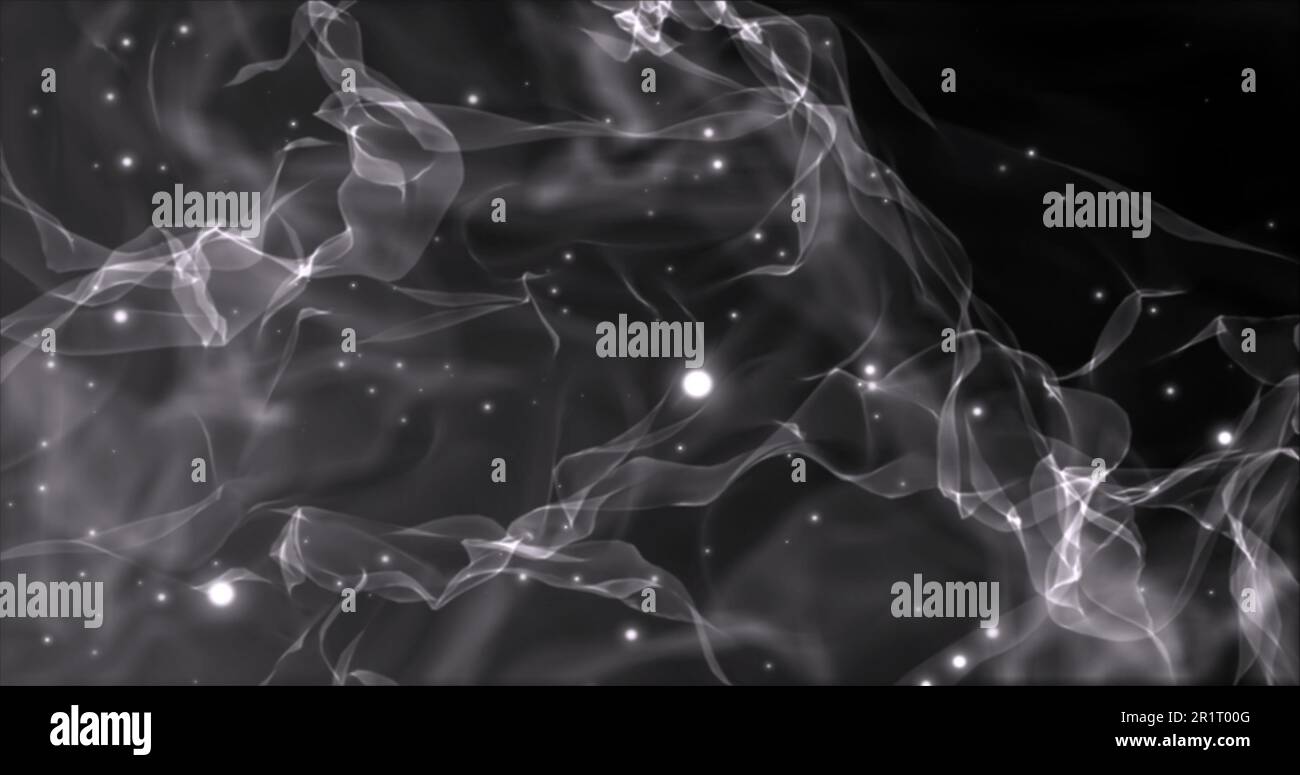 Abstract black and white smoke flies in waves and flying particles are ...
