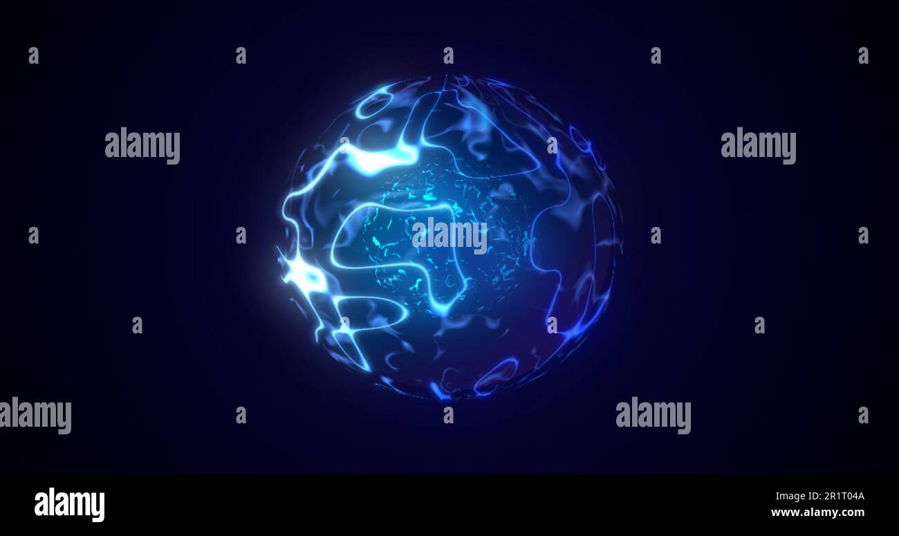 A round blue planet with a molten core in the center in space, a star ...