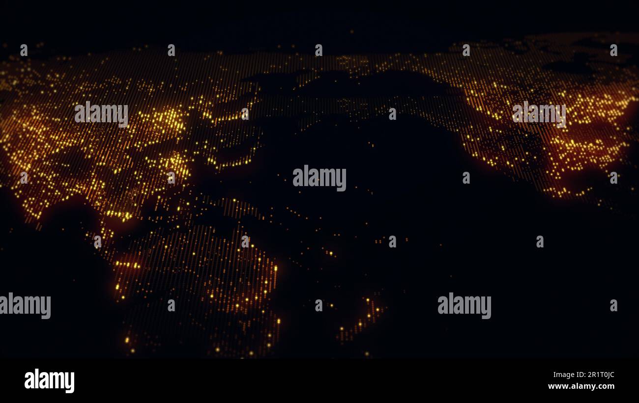3D rendering of a digital map of the Earth. The lights of megacities ...