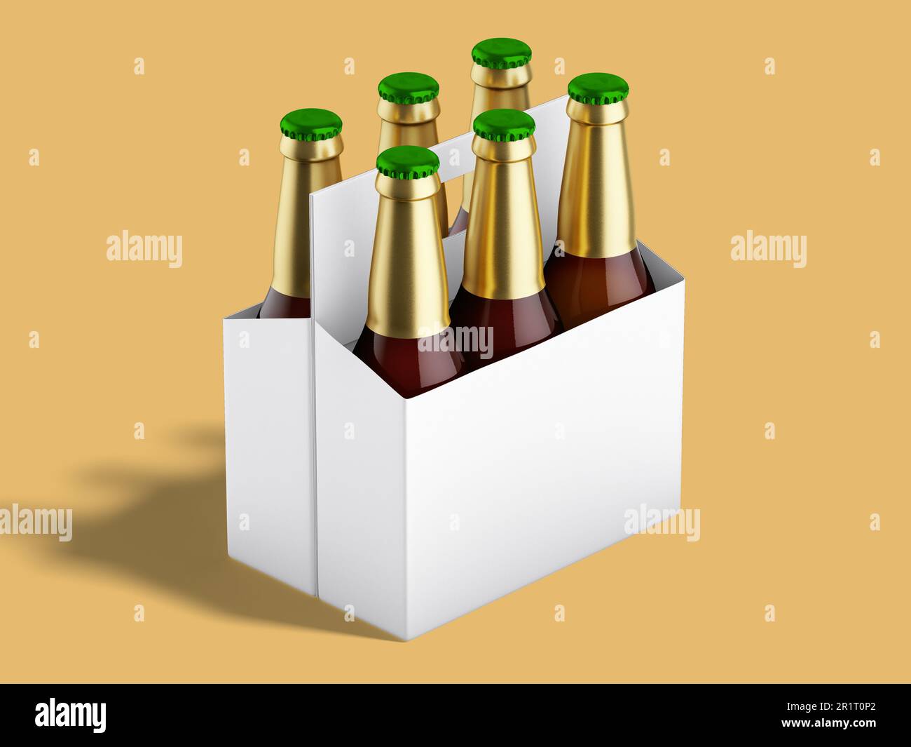 Six beer bottles in cardboard container with green caps with reflection ...