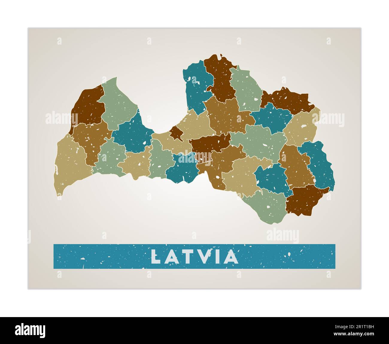 Latvia map. Country poster with regions. Old grunge texture. Shape of Latvia with country name ...