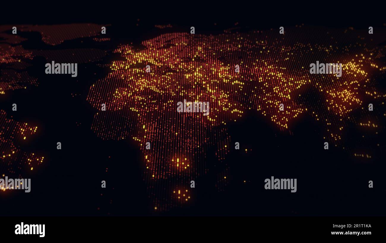 3D rendering of a digital map of the Earth. The lights of megacities ...