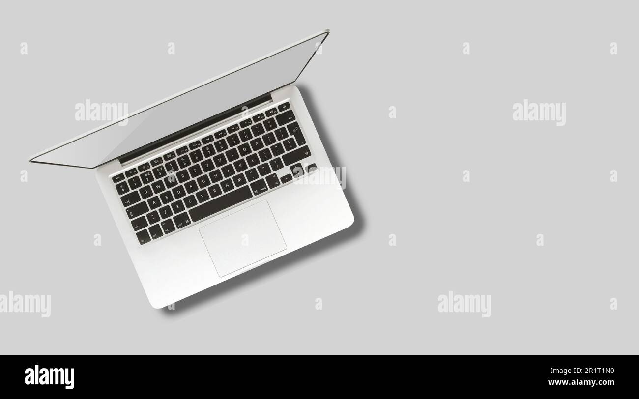 Laptop computer mock up with empty blank white screen isolated on grey ...