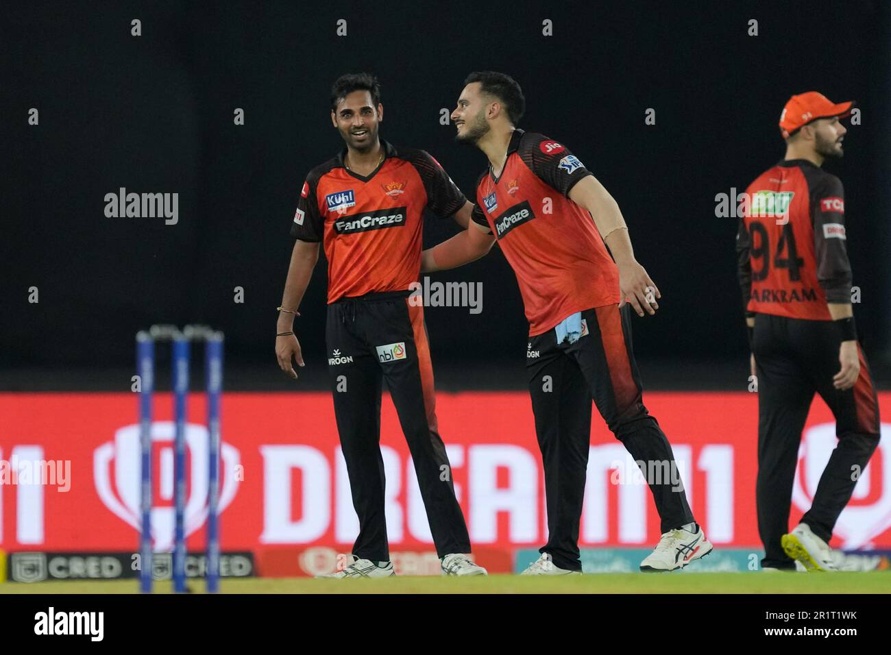 Sunrisers Hyderabads' team members celebrate the dismissal of Gujarat Titans' Mohammed Shami ...
