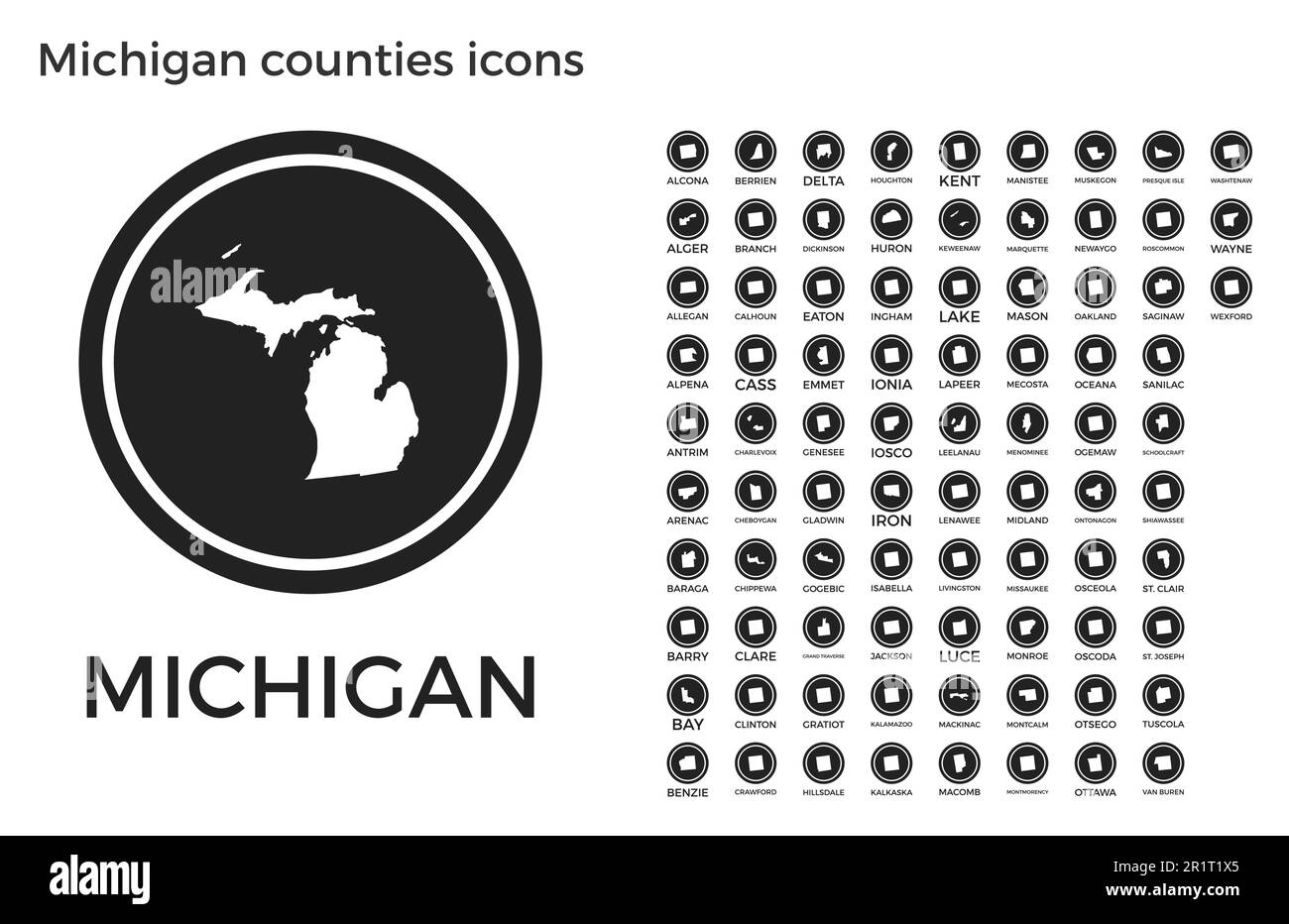 Michigan counties icons. Black round logos with US state counties maps ...