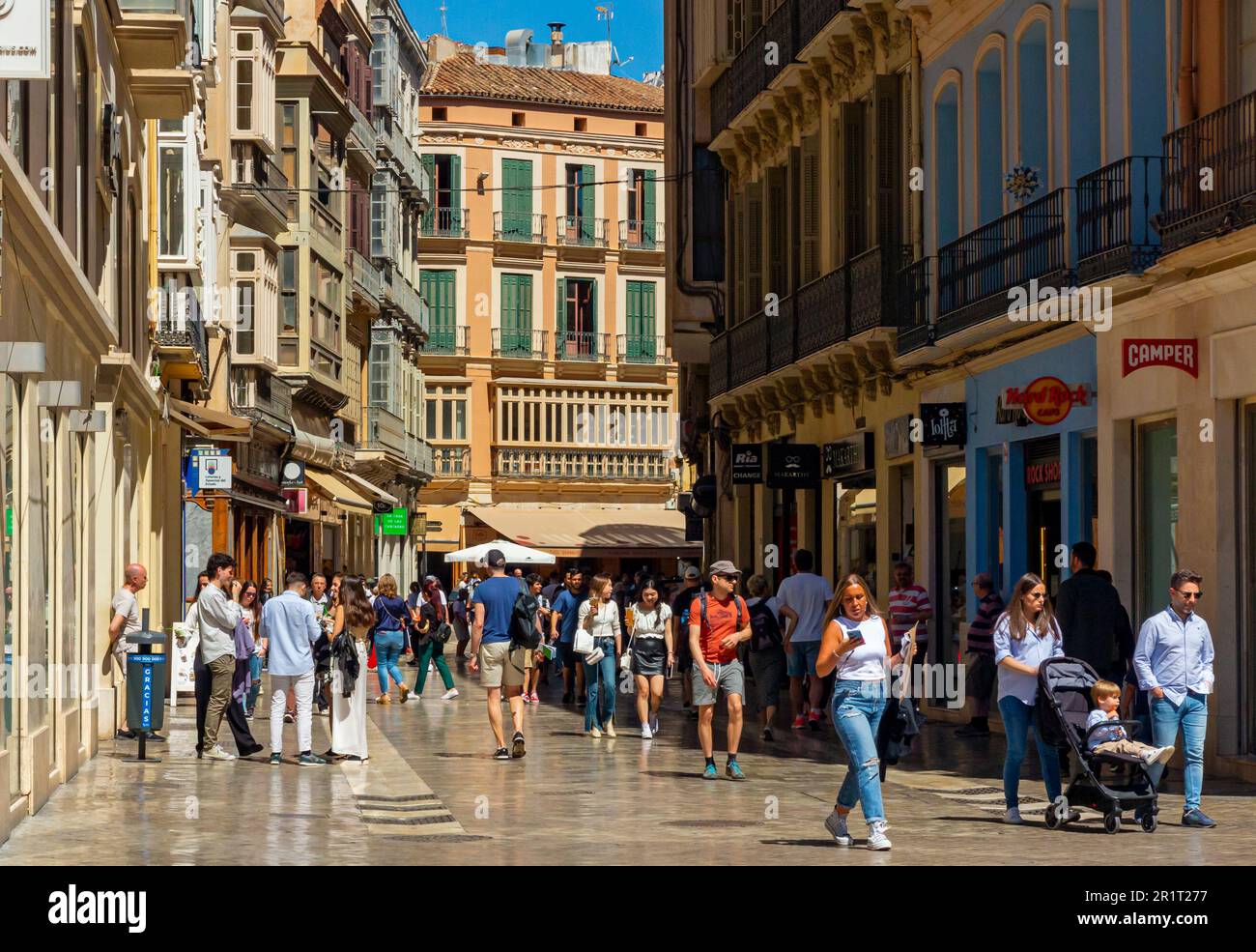 Shopping street with traditional Spanish architecture in the centre of ...