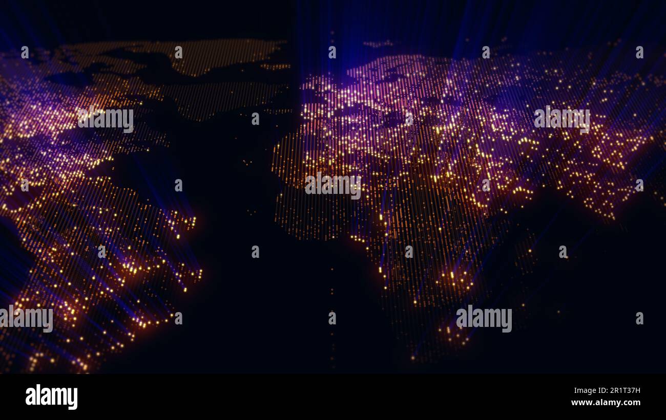 3D rendering of a digital map of the Earth. The lights of megacities ...