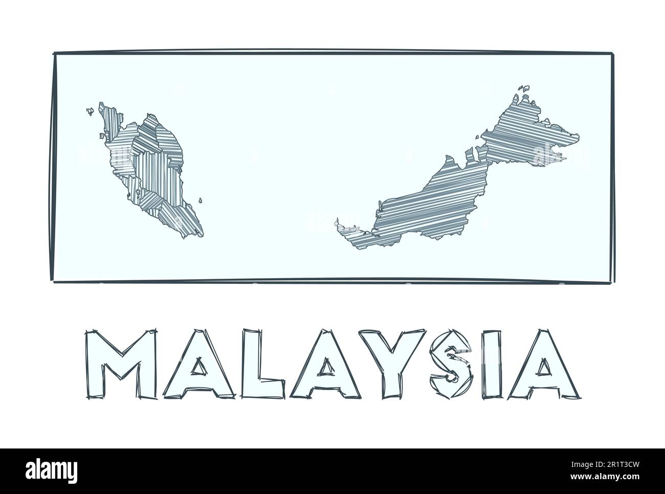 Sketch map of Malaysia. Grayscale hand-drawn map of the country. Filled ...