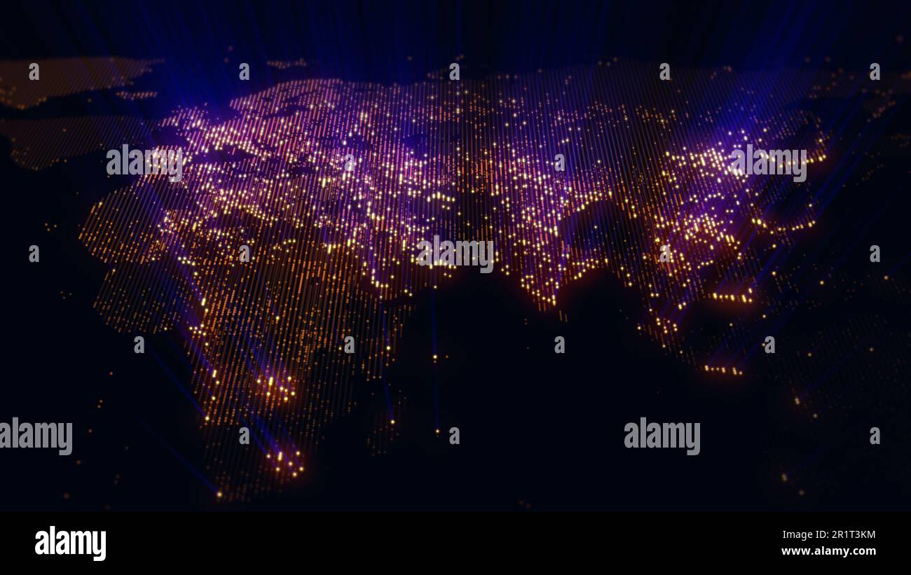 3D rendering of a digital map of the Earth. The lights of megacities ...