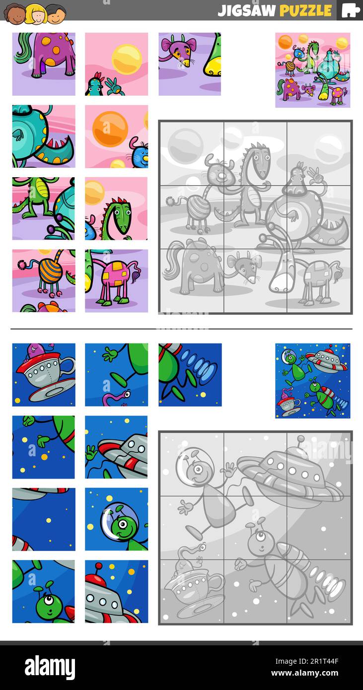 Cartoon illustration of educational jigsaw puzzle games set with ...