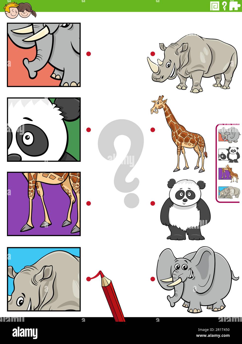Cartoon illustration of educational matching game with wild animal ...