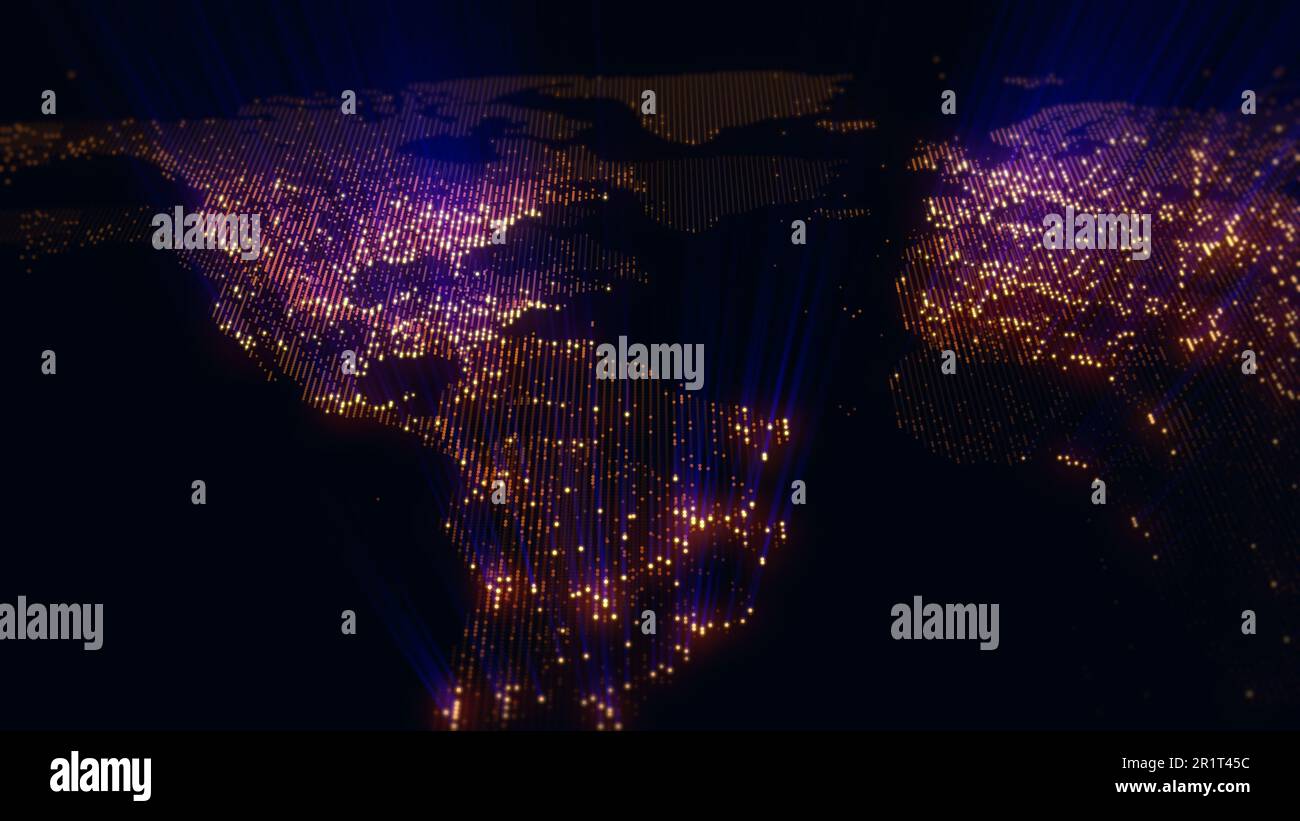 3D rendering of a digital map of the Earth. The lights of megacities ...