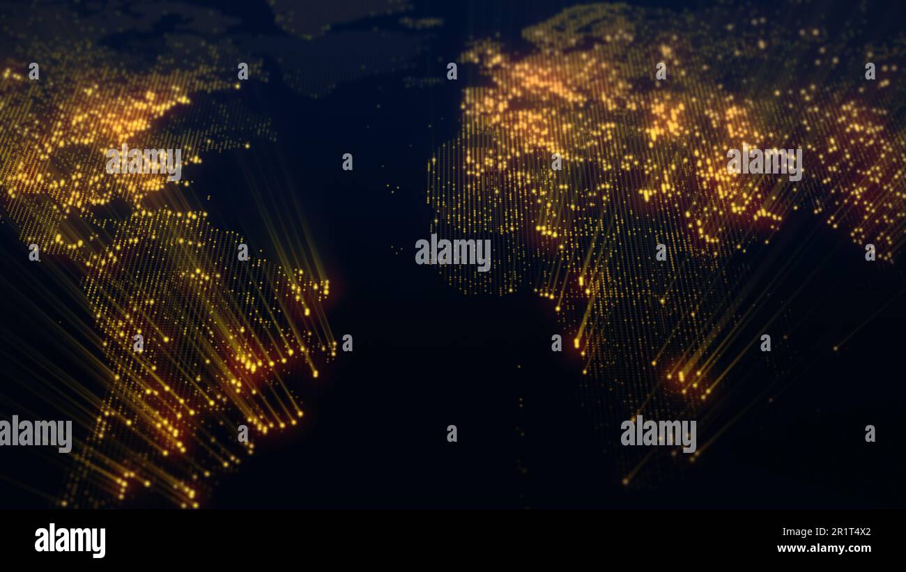 3D rendering of a digital map of the Earth. The lights of megacities ...
