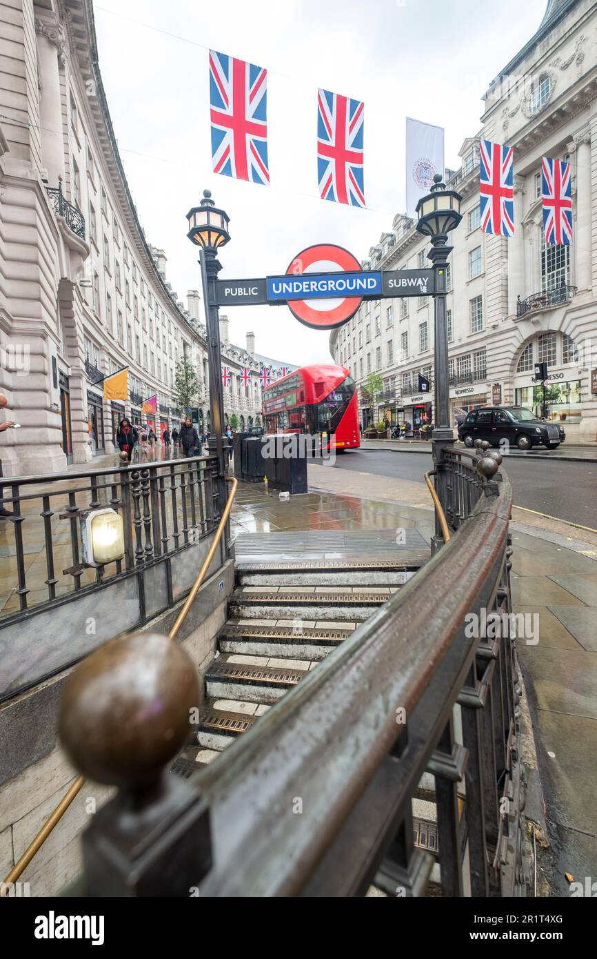 London- May 2023: View of Regent Street in London with Piccadilly Circus underground station in ...