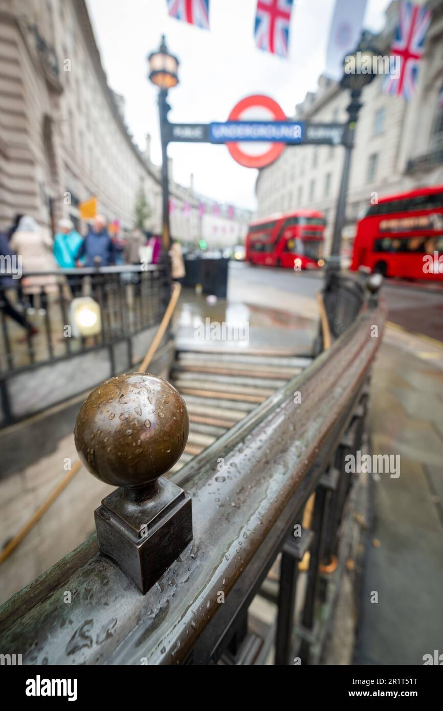 London- May 2023: View of Regent Street in London with Piccadilly Circus underground station in ...