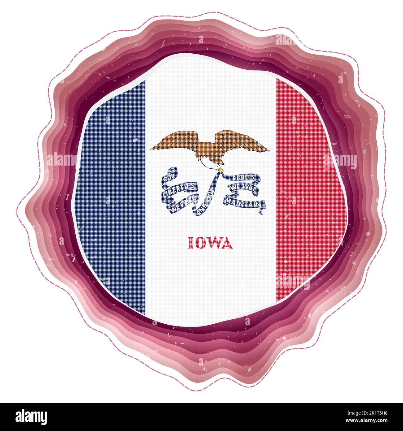 Iowa flag in frame. Badge of the US state. Layered circular sign around Iowa flag. Authentic ...