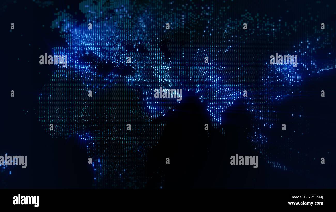 3D rendering of a digital map of the Earth. The lights of megacities ...