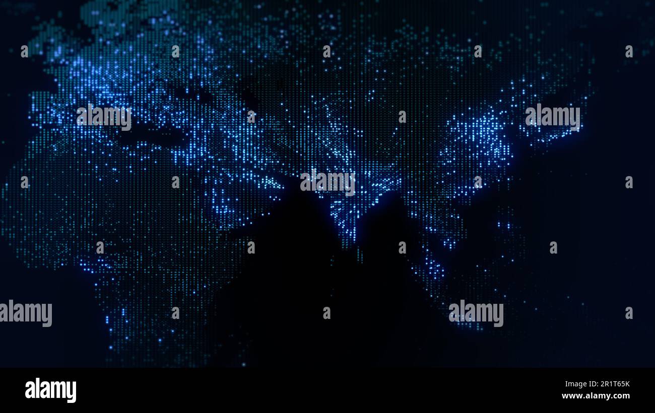 3D rendering of a digital map of the Earth. The lights of megacities ...