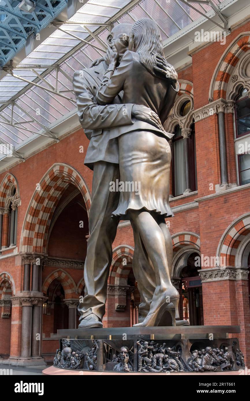 London, England-August 2022; Low angle view of The Meeting Place statue ...