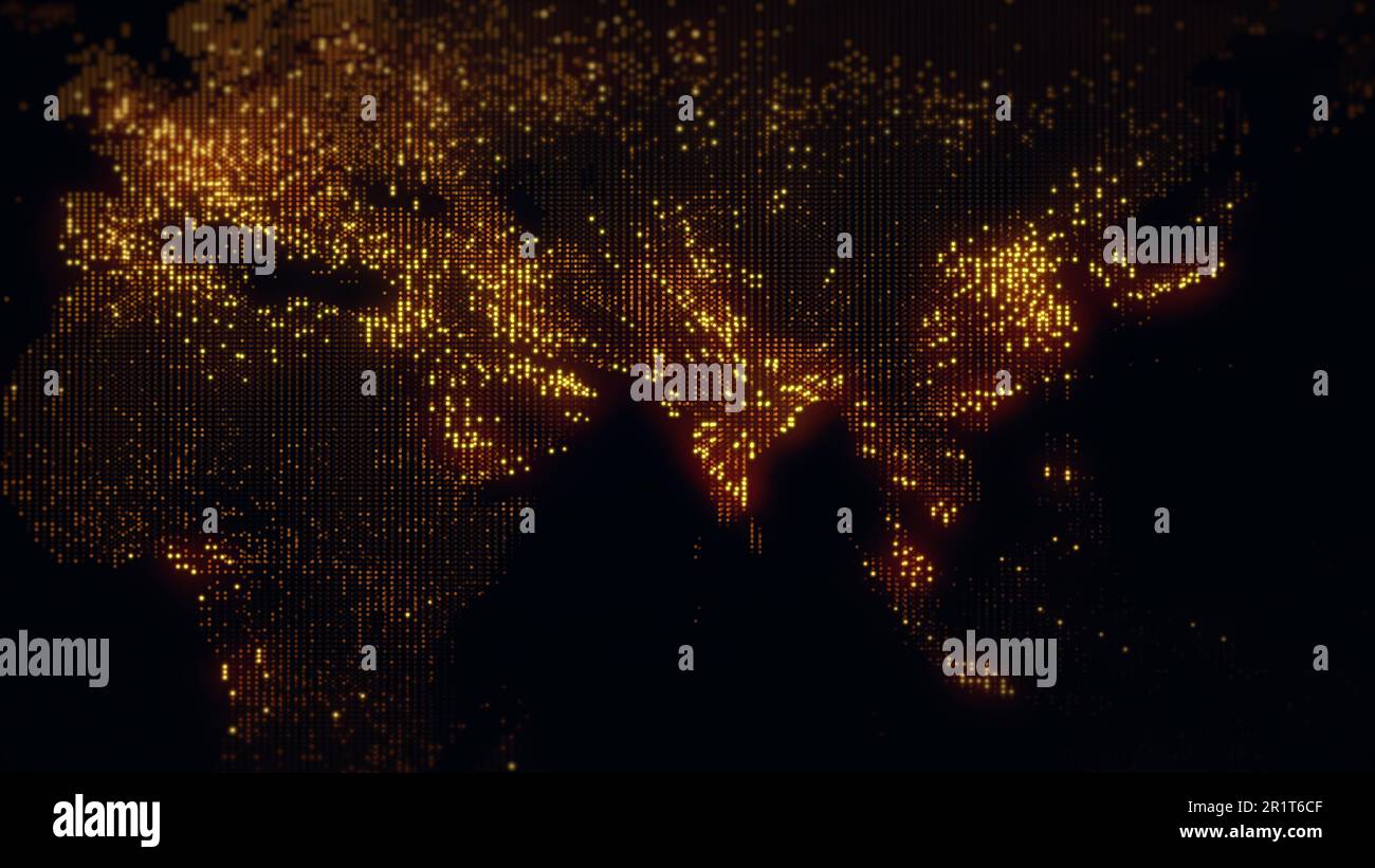3D rendering of a digital map of the Earth. The lights of megacities ...