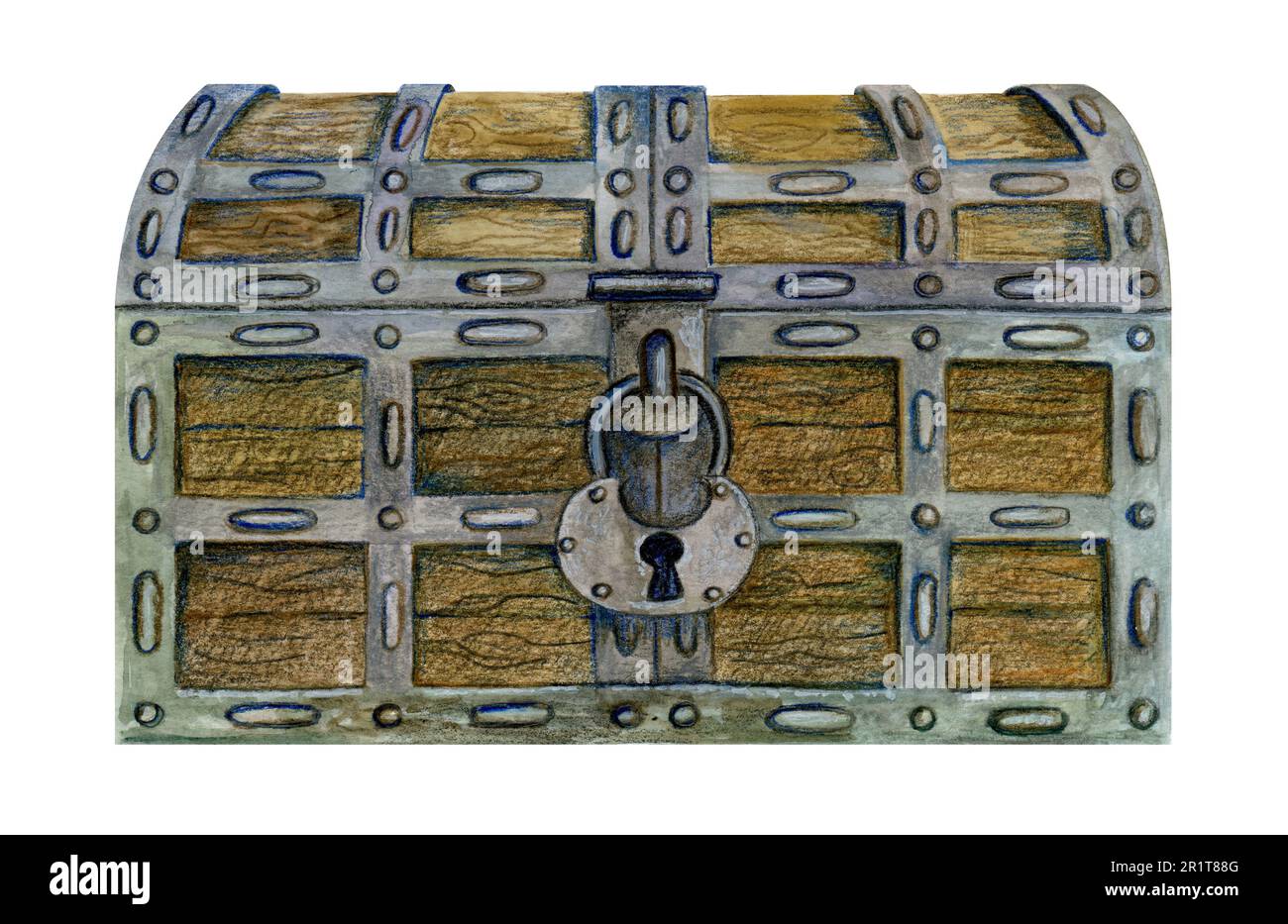 Antique wooden chest with metal inserts and lock. Closed, with a hinged ...