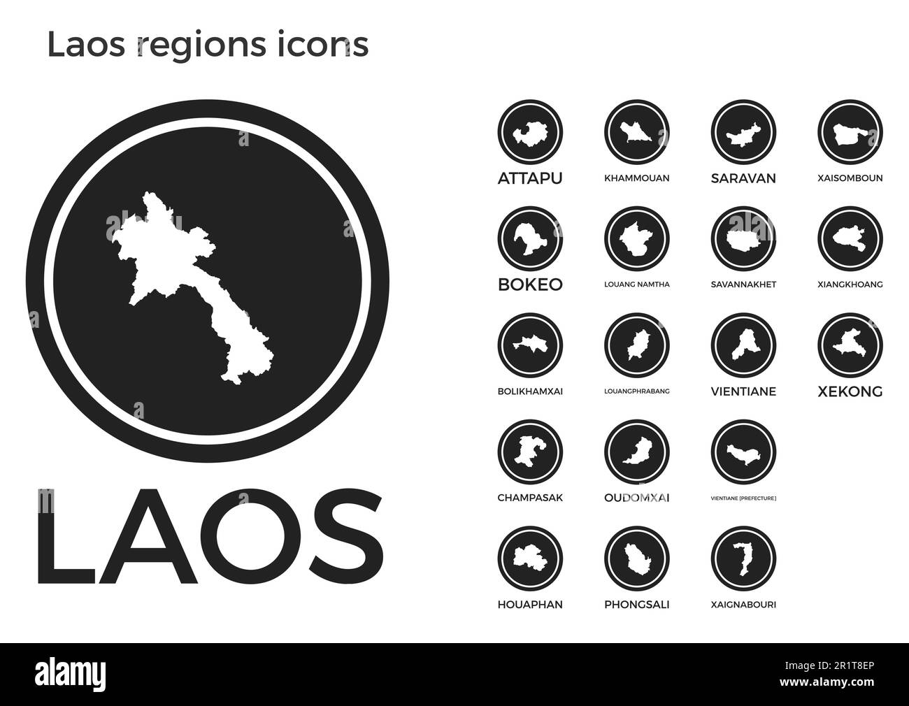 Laos regions icons. Black round logos with country regions maps and ...