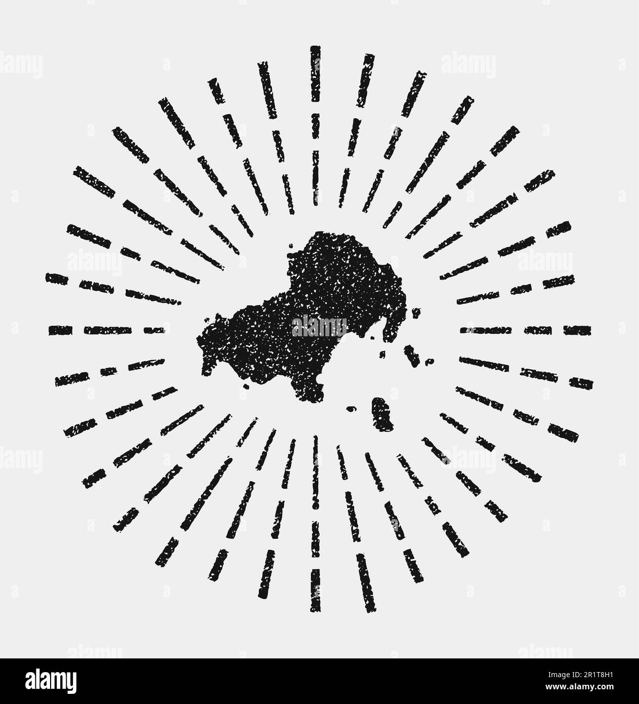 Vintage map of Skiathos. Grunge sunburst around the island. Black ...