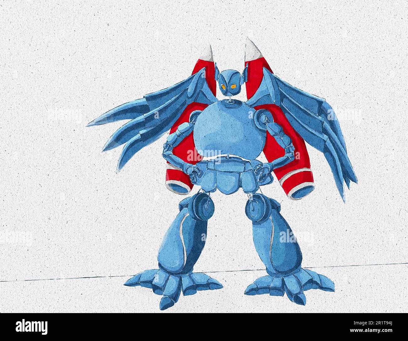 Grunge textured paper illustration of a cartoon robot with wings and ...