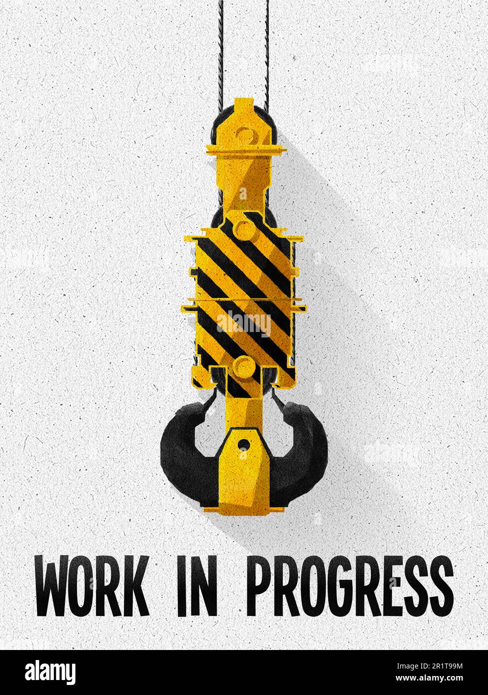Work in progress, under construction industrial poster with a heavy crane hook in yellow and ...