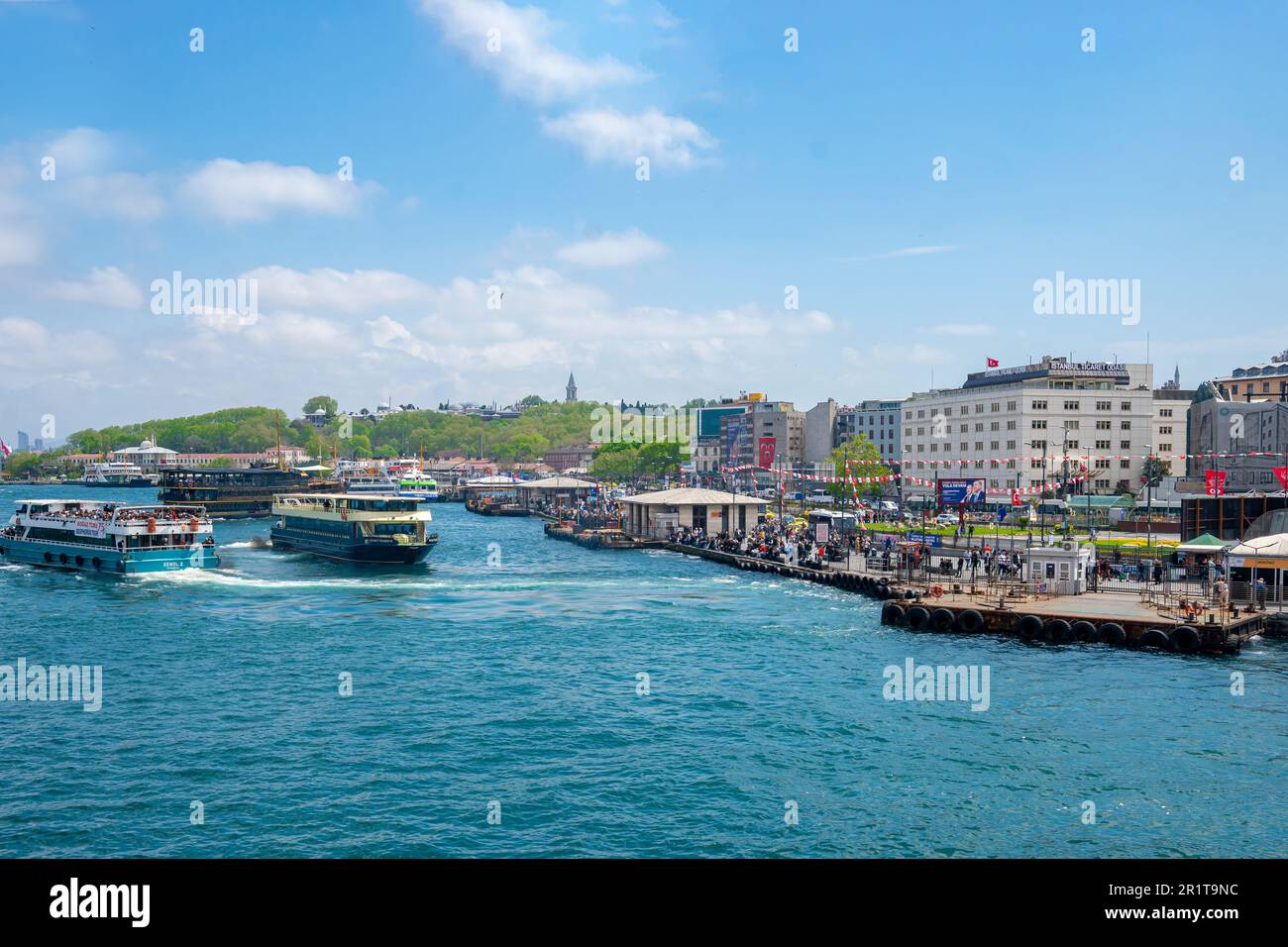Touristic boats in Golden Horn bay of Istanbul and view on Suleymaniye ...