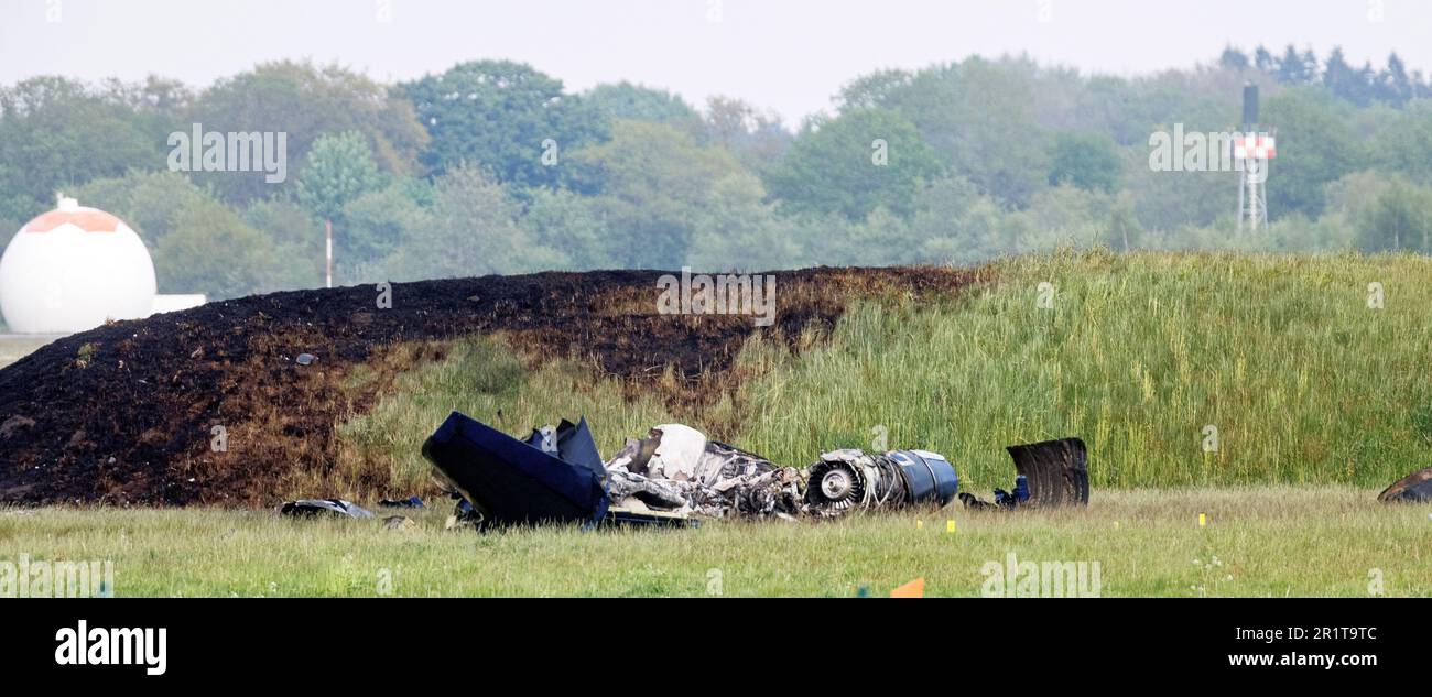 Hohn, Germany. 15th May, 2023. Debris lies at a crash site at Hohn Air ...