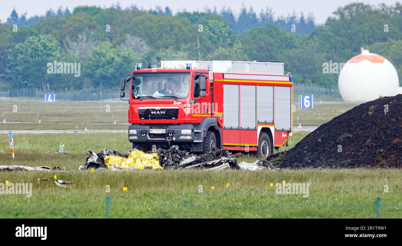 Hohn, Germany. 15th May, 2023. Debris lies at a crash site at Hohn Air ...