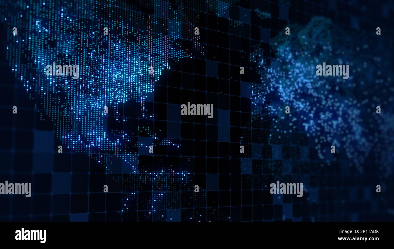 3D rendering of a digital map of the Earth. The lights of megacities ...
