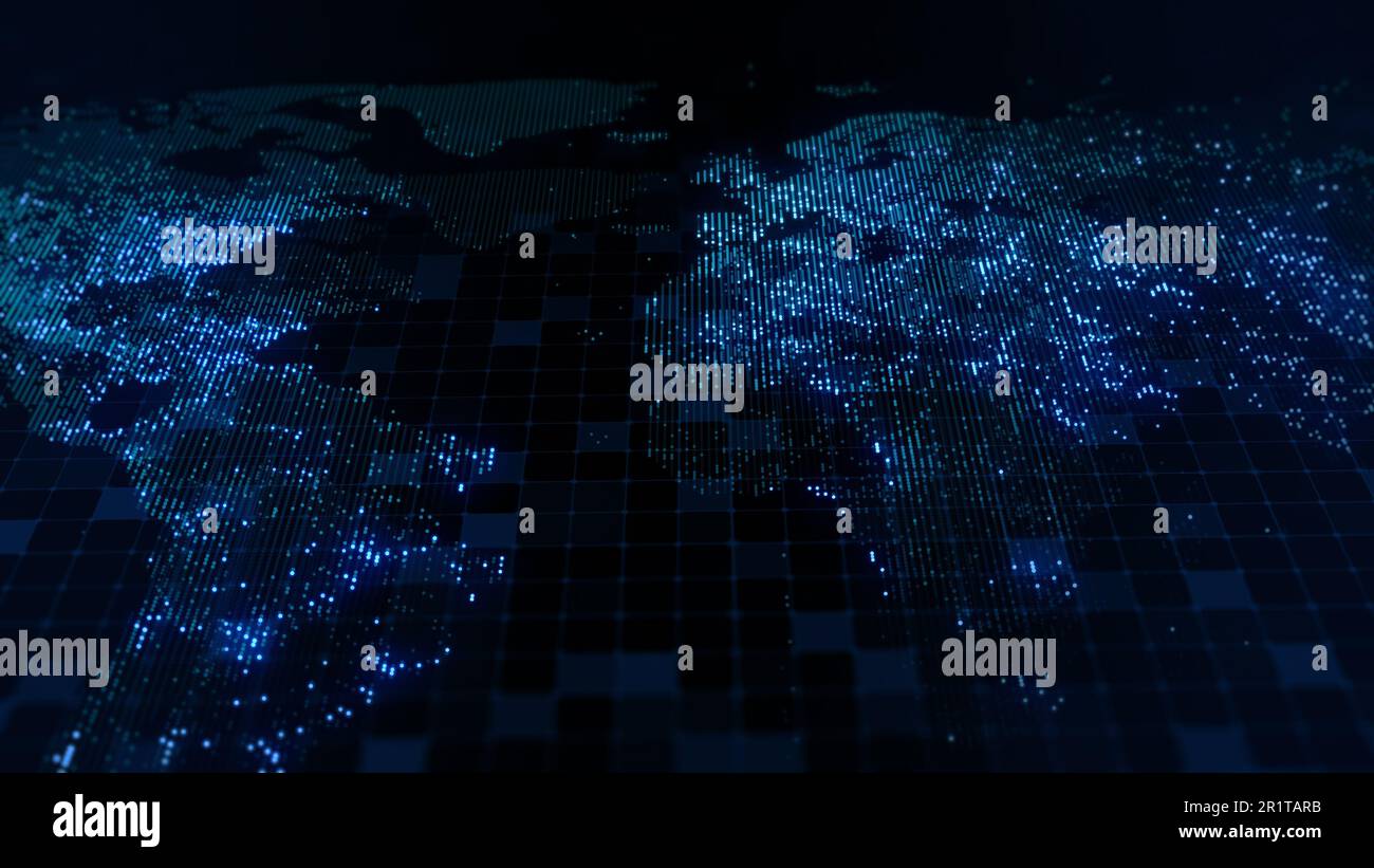 3D rendering of a digital map of the Earth. The lights of megacities ...