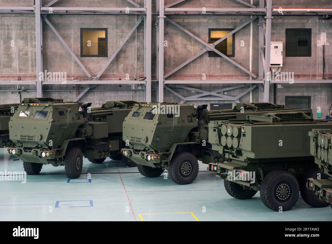 Himars rocket launchers are seen placed on military vehicles at the ...