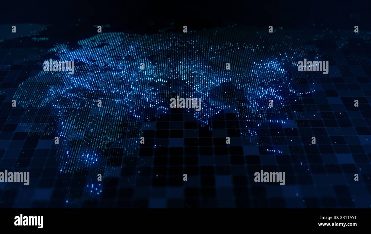 3D rendering of a digital map of the Earth. The lights of megacities ...