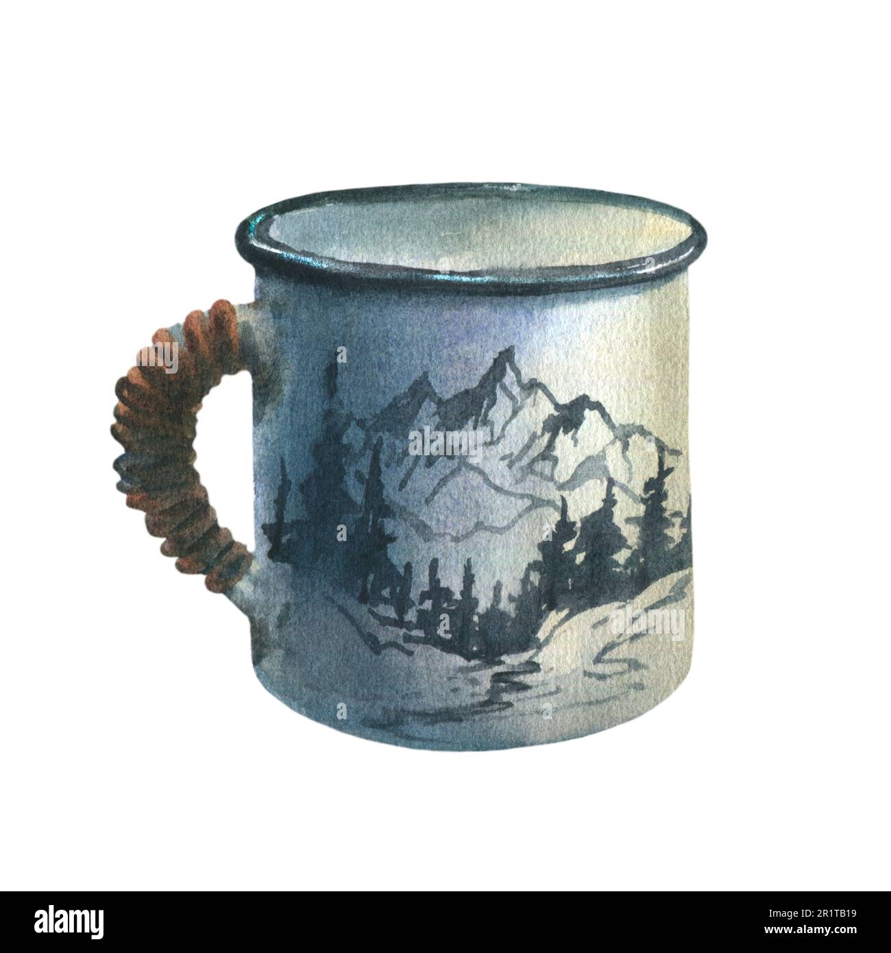 Watercolor illustration of a tourist iron mug isolated on a white ...