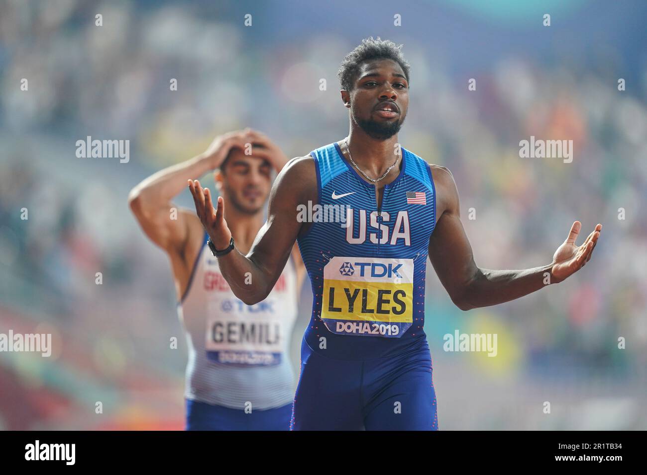 Noah Lyles winning the 200m at the 2019 World Athletics Championships ...