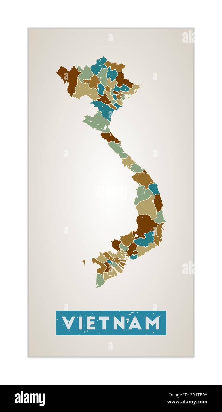 Vietnam map. Country poster with regions. Old grunge texture. Shape of ...