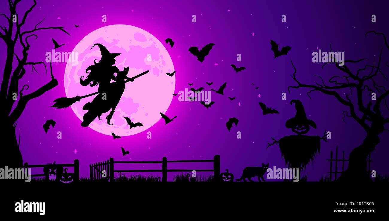 Witch flying on a broom against violet full moon Stock Vector Image ...