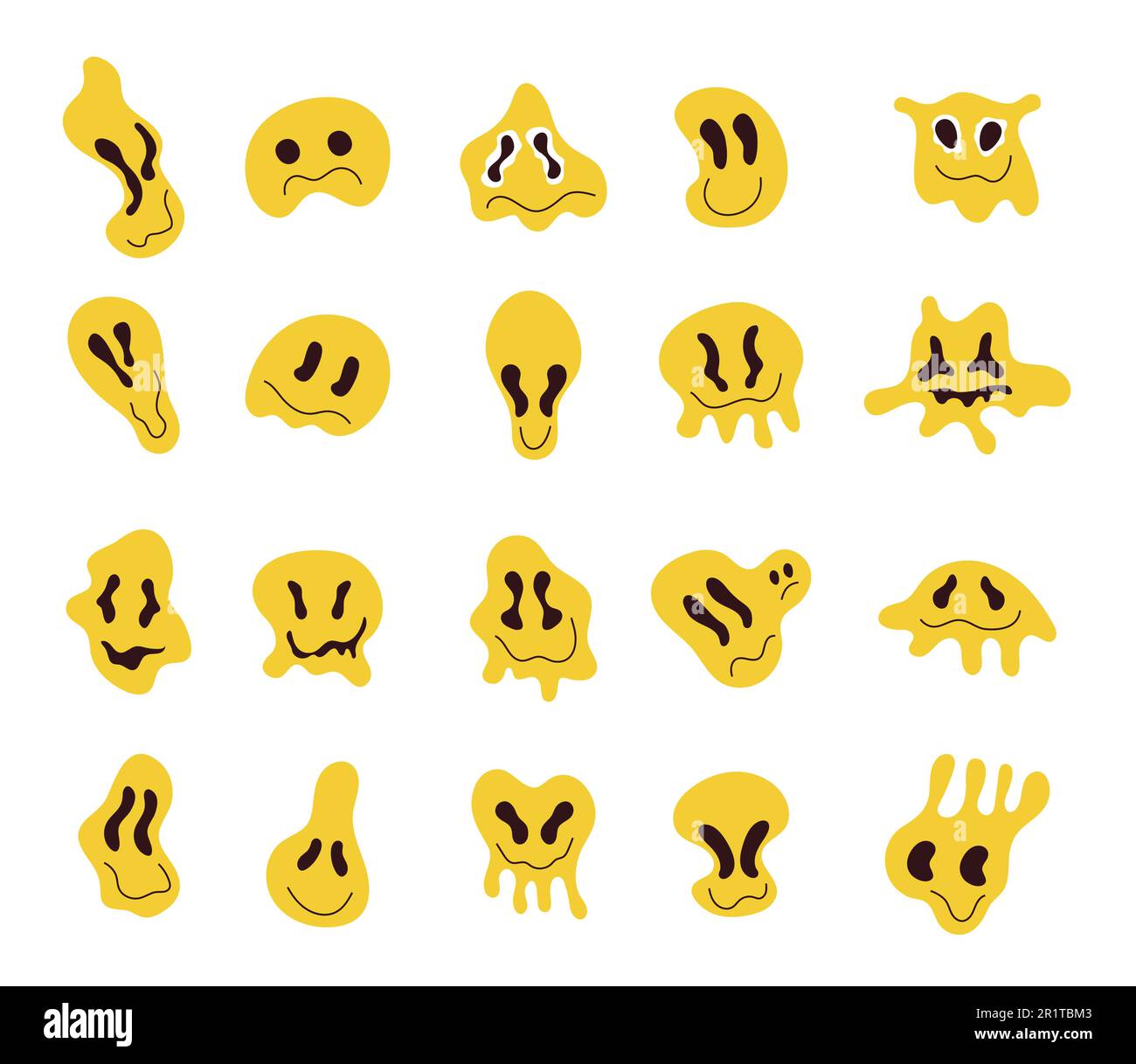 Groovy istorted emoticon faces vector set. Retro doodle dripping emoji ...