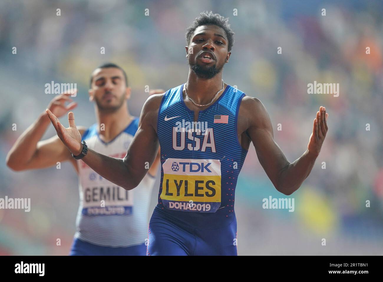 Noah Lyles winning the 200m at the 2019 World Athletics Championships ...