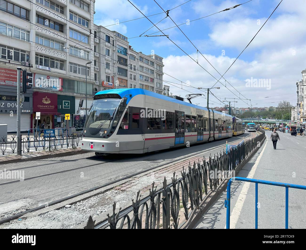 Public transportation tram passing near the Hagia Sophia mosque with ...
