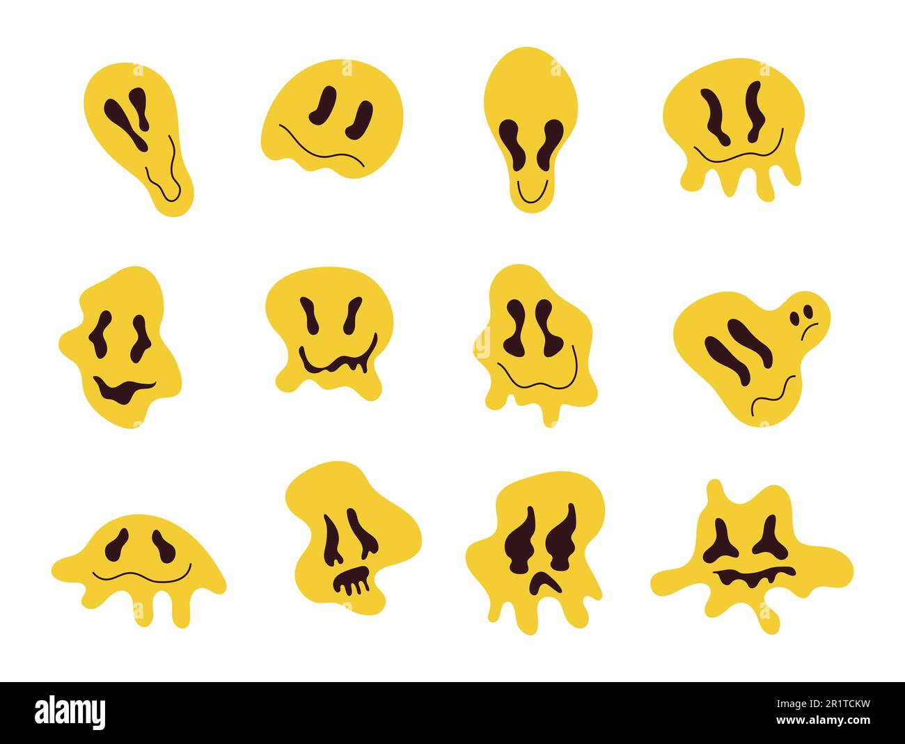 Groovy istorted emoticon faces vector set. Retro doodle dripping emoji ...
